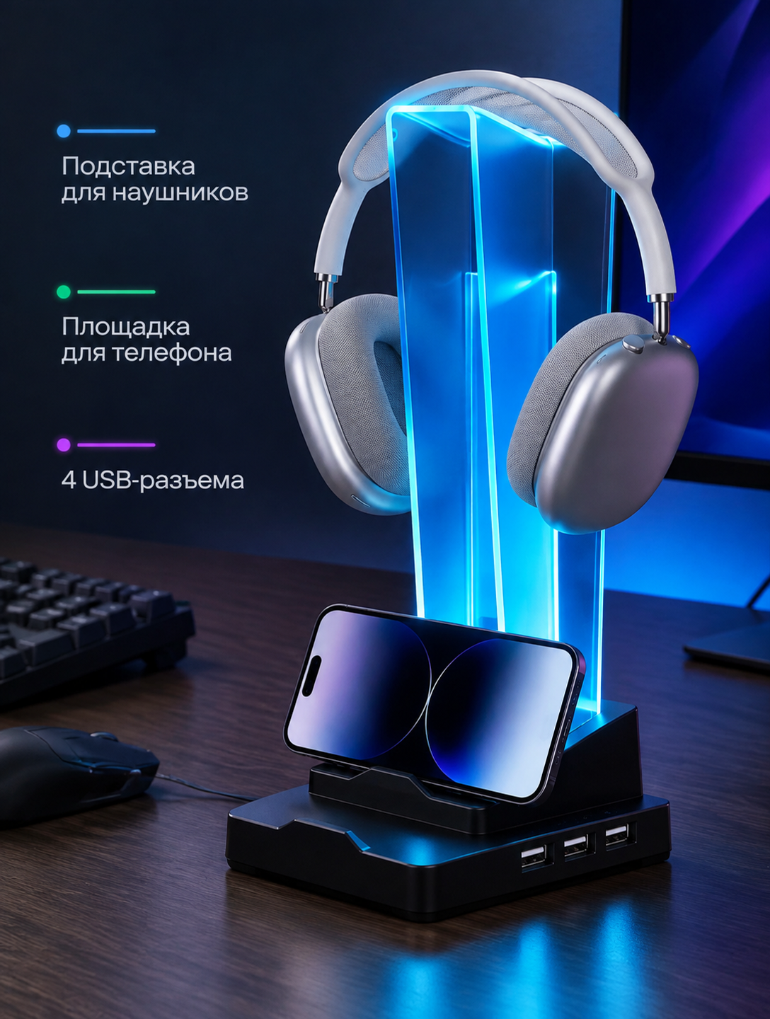 Настольная стойка для наушников с RGB-подсветкой, площадкой для телефона и 4 USB-разъемами