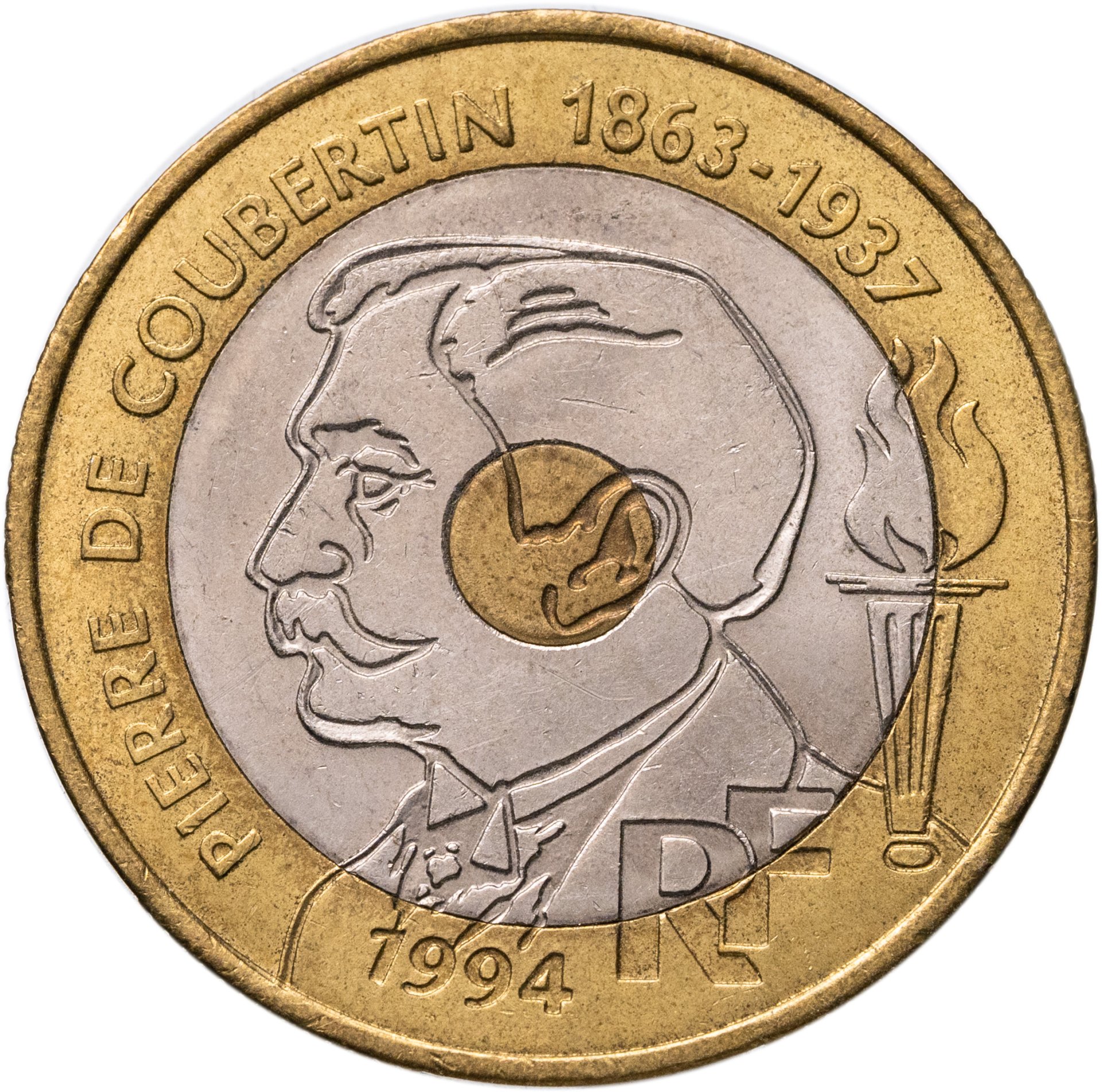 Франция 20 франков francs 1994 "100 лет Международному олимпийскому комитету", Биметалл, в сохранности XF-AU
