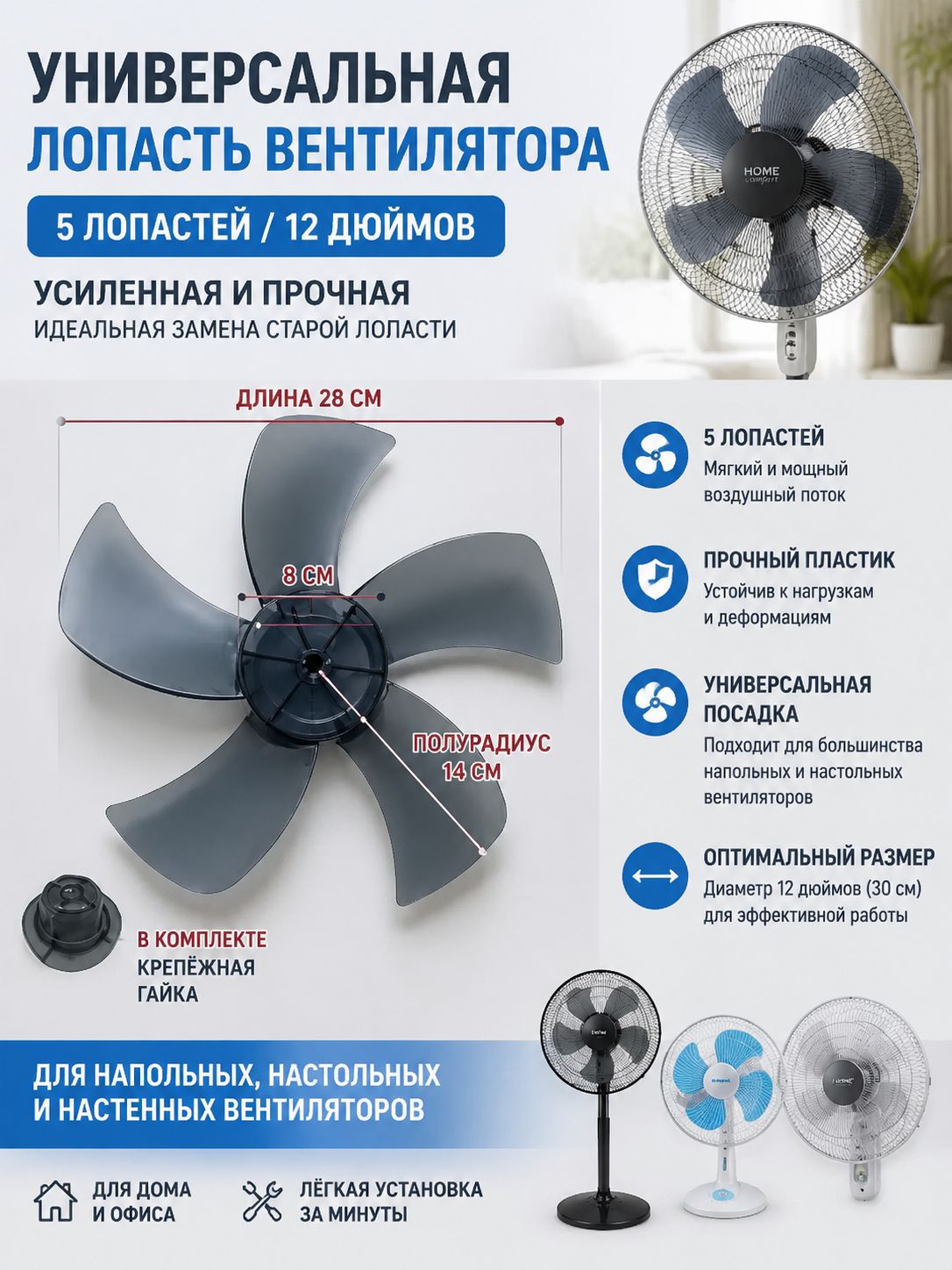 Лопасти для напольного вентилятора, 5лопастей, диаметр 300 мм (12 дюймов), с фиксирующей гайкой