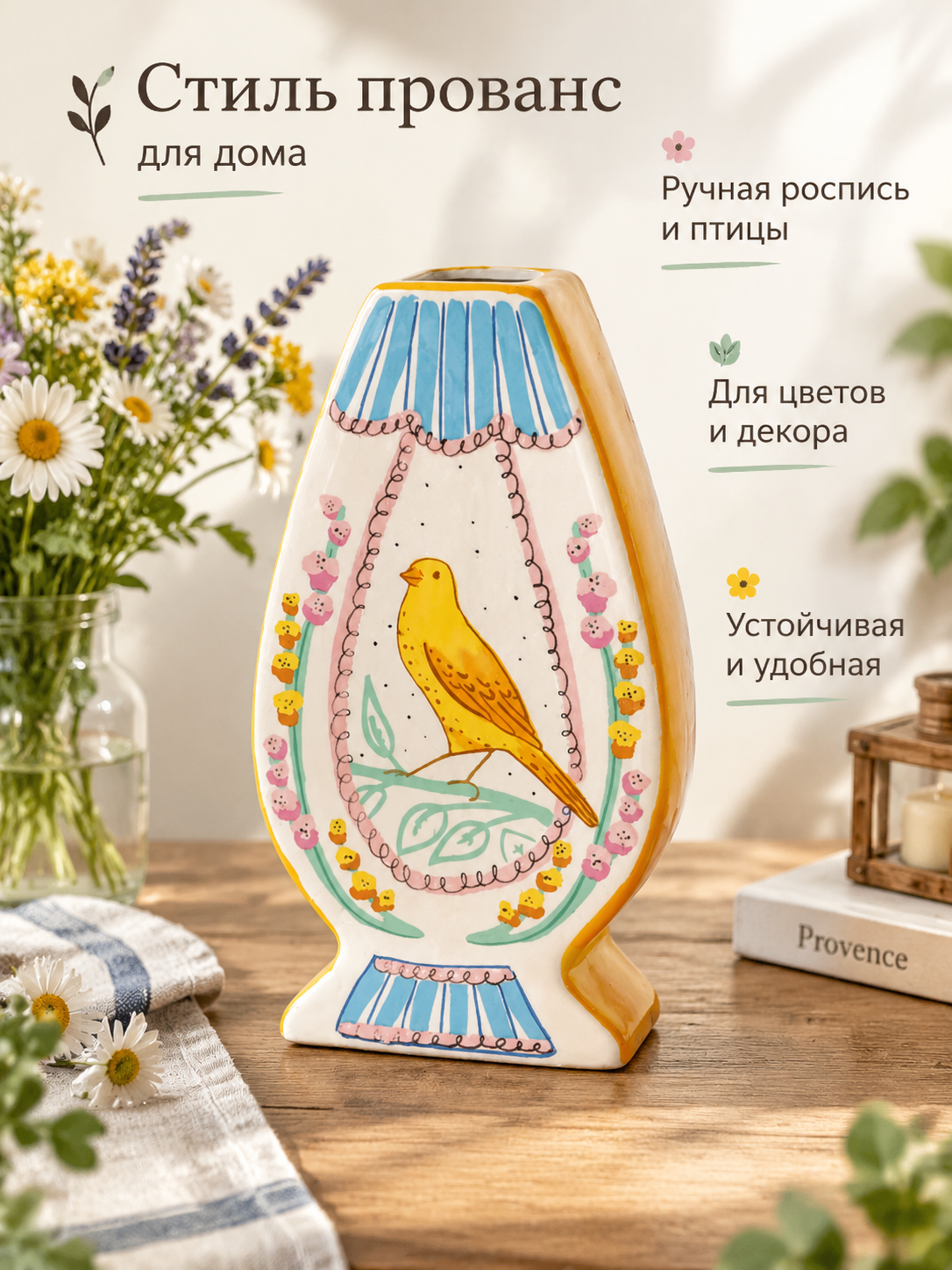 Керамическая ваза с цветочным декором и птицами в стиле прованс для дома, Квадратная ваза