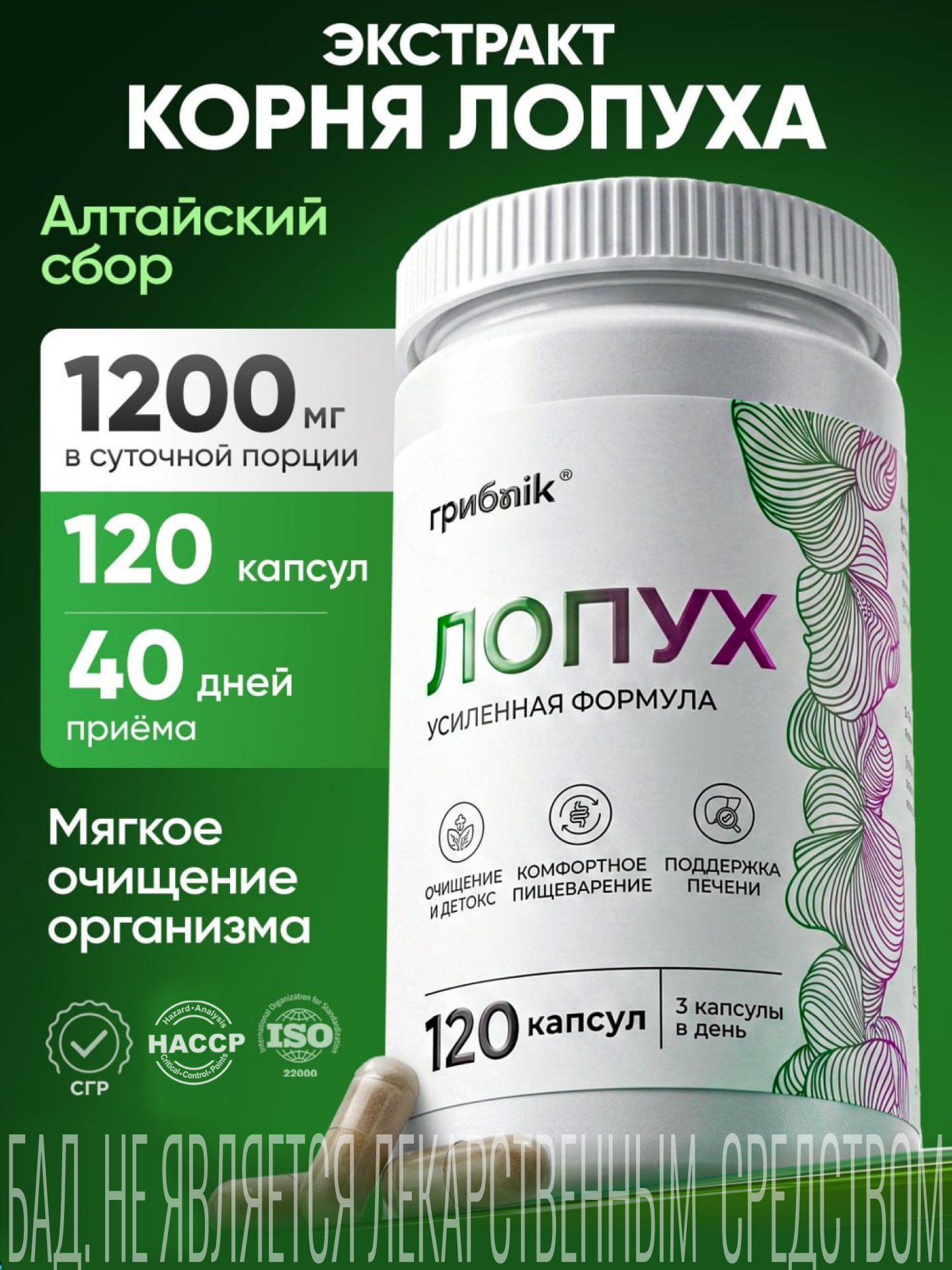 Корень лопуха экстракт для пищеварения, для печени, 120 капсул, грибnik