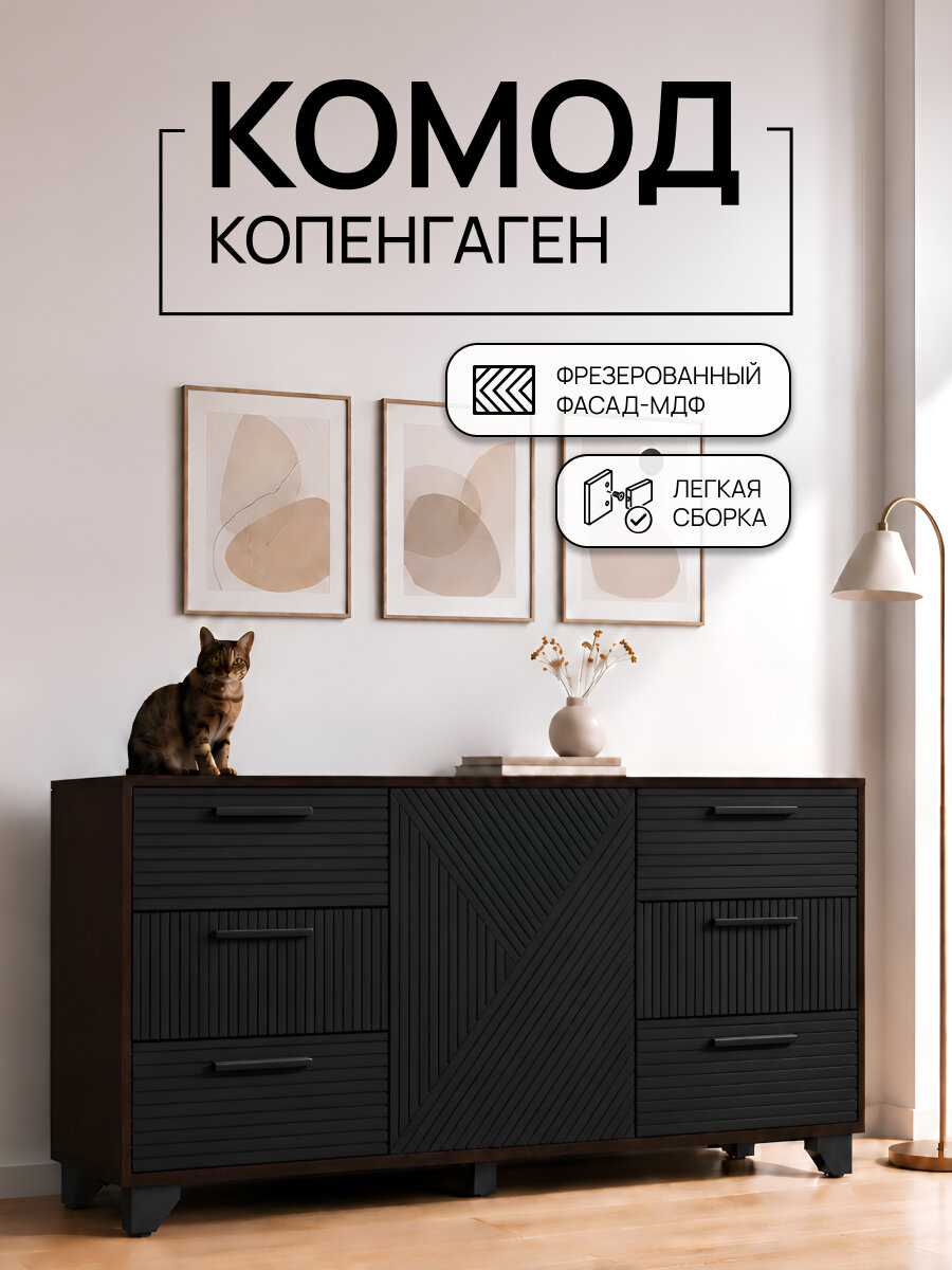 Комод Копенгаген для одежды с ящиками ЛДСП Венге / МДФ Черный матовый 150х40x70