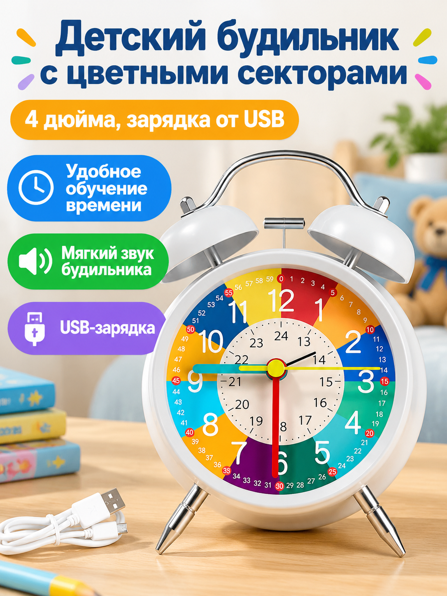 Будильник настольный детский с цветными секторами и двойной шкалой 12/24 часа, 4 дюйма, с USB-зарядкой и металлическим звонком