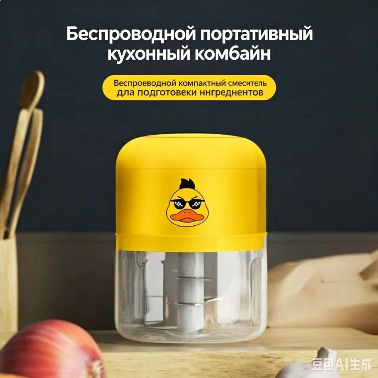 Беспроводной портативный измельчитель продуктов, желтый, с принтом утенка