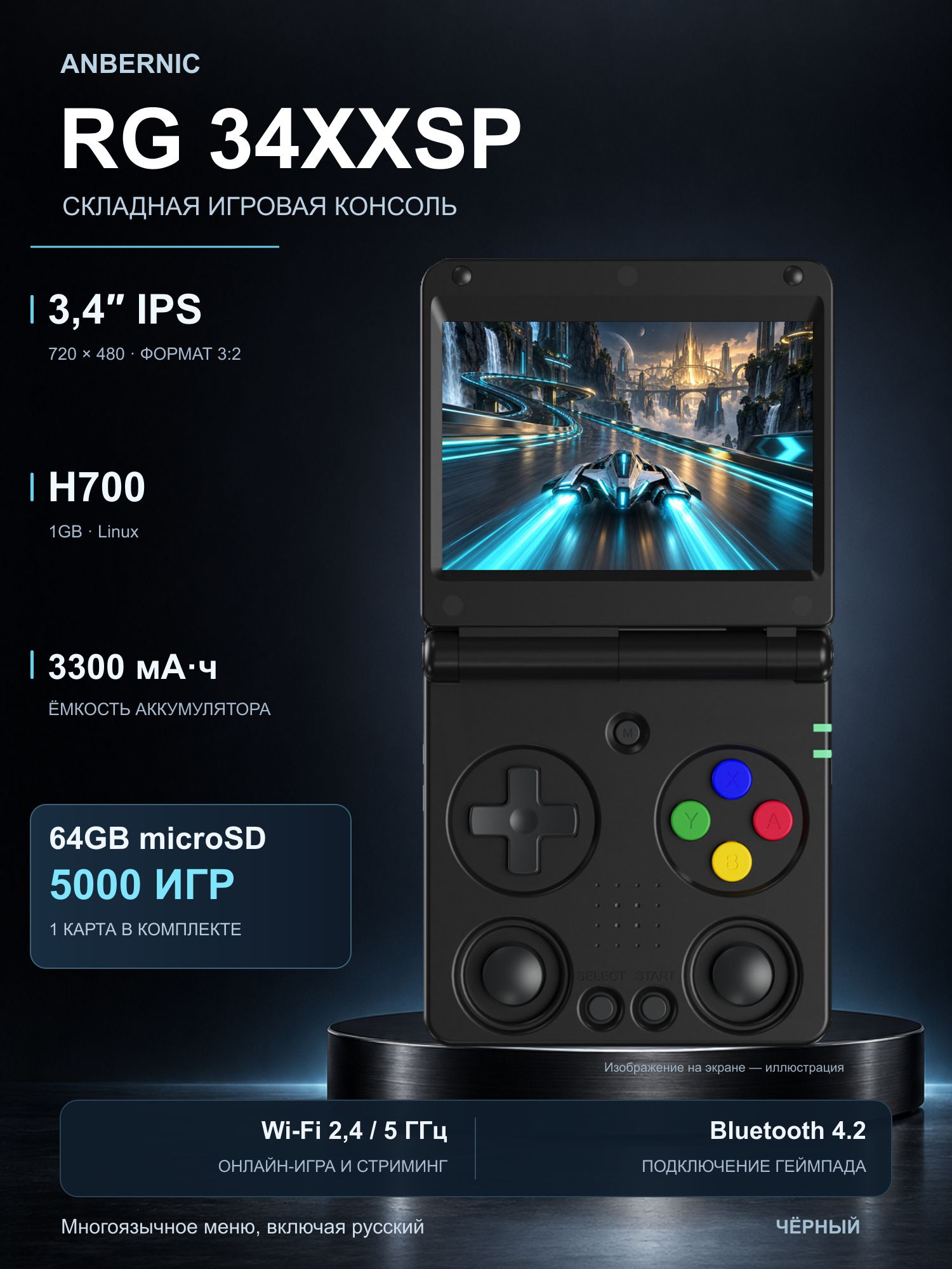 Портативная игровая консоль ANBERNIC RG 34XXSP, Linux, IPS 3,4 дюйма, карта microSD 64 ГБ, чёрная