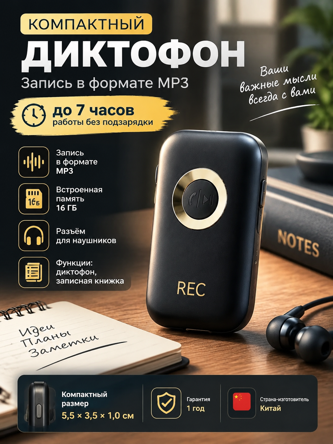 Компактный диктофон 16 ГБ с записью MP3 и работой до 7 часов