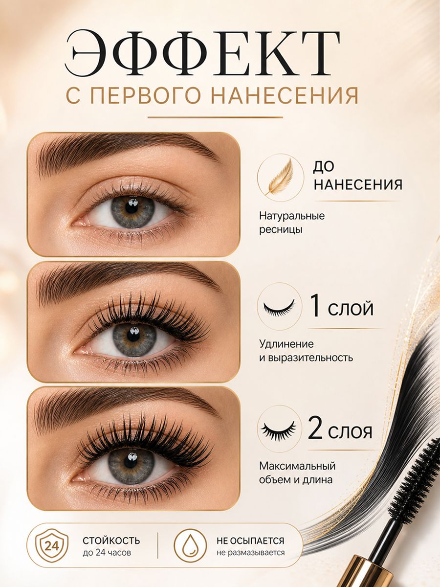 Тушь для ресниц черная удлиняющая / Роскошный объем и разделение, 10 мл