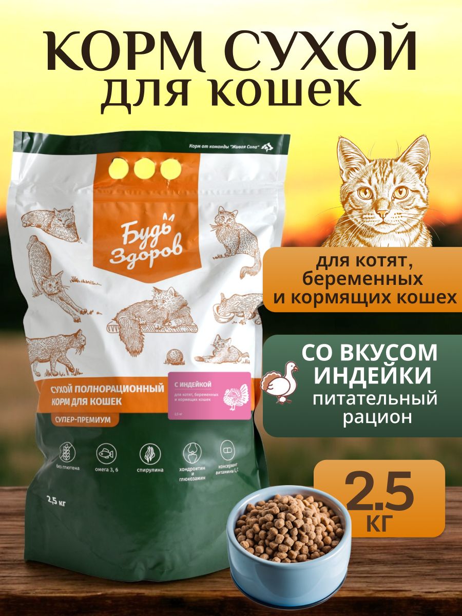 Будь здоров сухой корм для котят, беременных и кормящих кошек с Индейкой 2,5 кг