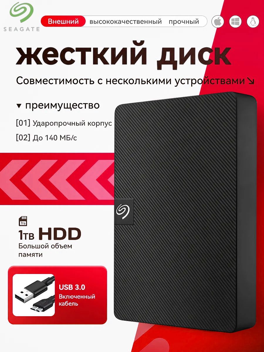 1 ТБ Внешний жесткий диск (1000G HDD), Пластик, черный матовый