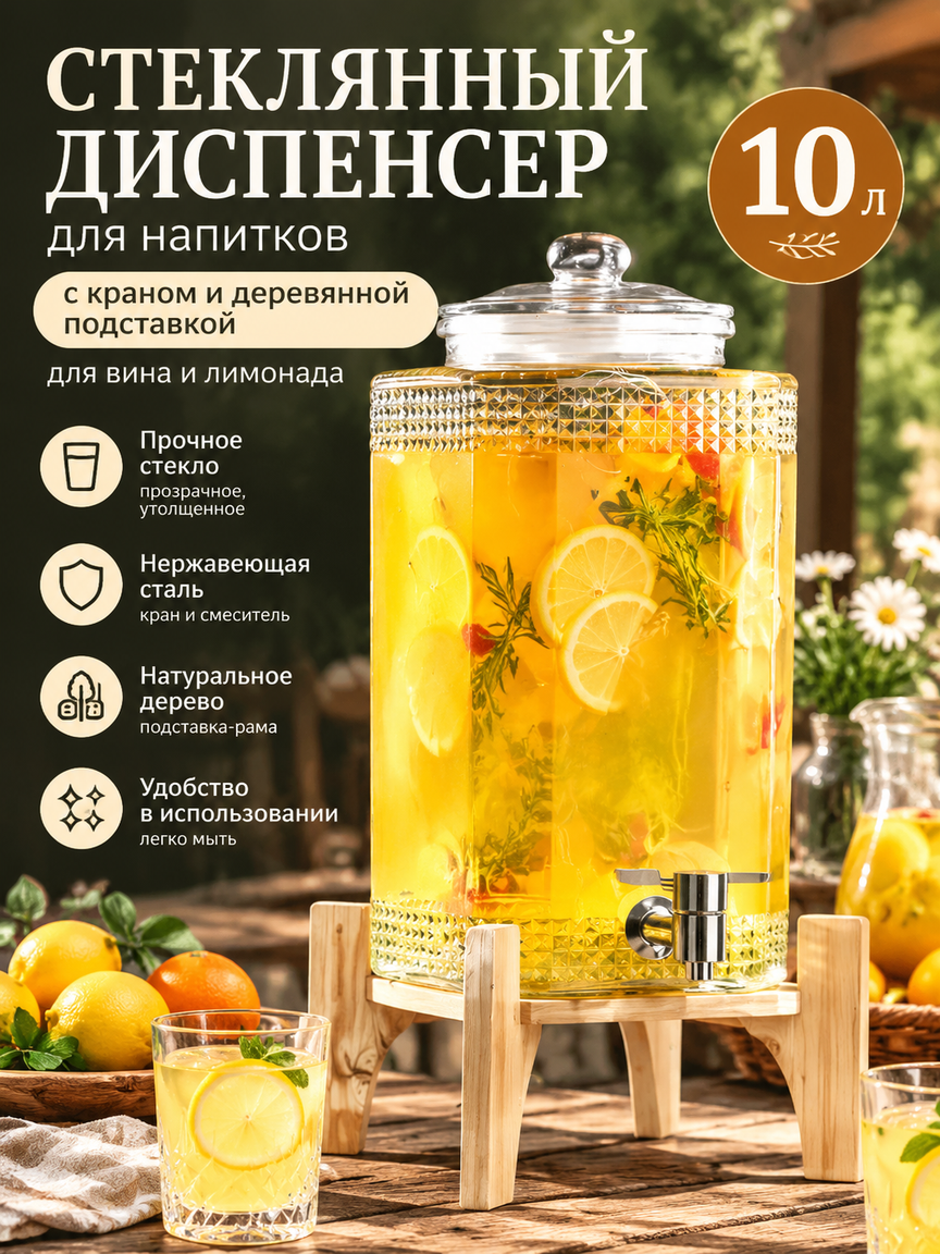 Стеклянный диспенсер 10 л для вина и лимонада с краном на деревянной подставке, для дачи