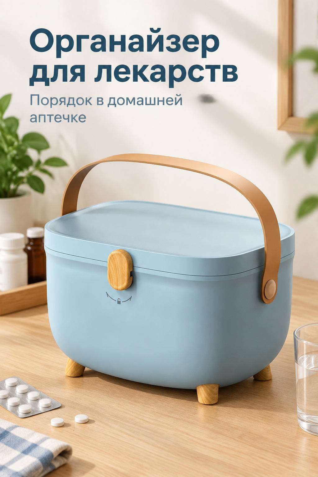 Синий пластиковый органайзер для лекарств с двумя ярусами и отделениями, 28 × 20 × 18 см