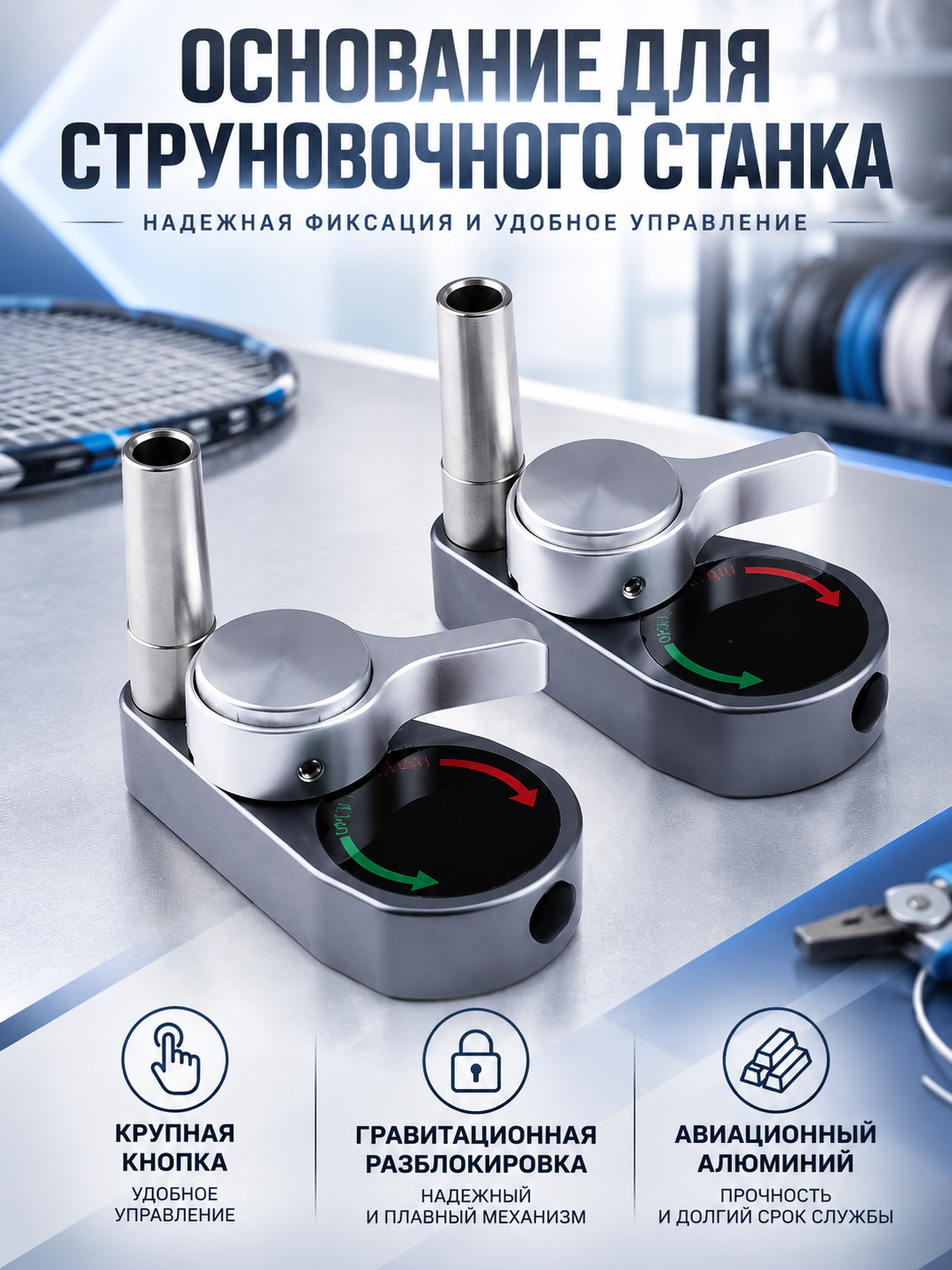 Основание для струновочного станка бадминтонной и теннисной ракетки, фиксирующий держатель для натяжки струн,15, пластик,8, серебро,1