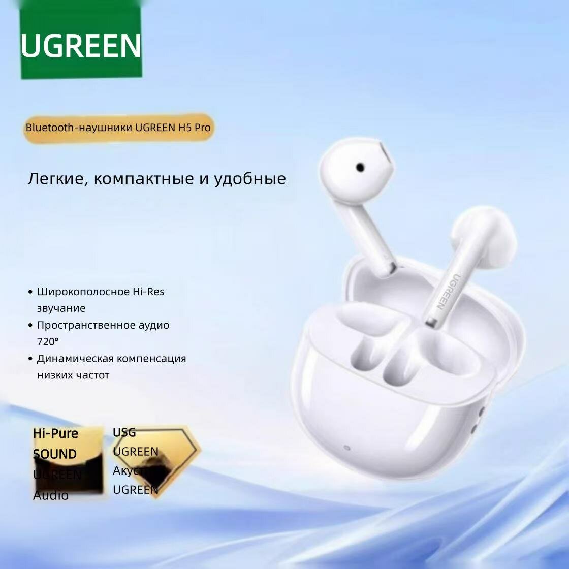 Полувкладышные Bluetooth-наушники Ugreen H5 Pro с шумоподавлением, двойное подключение, долгий заряд
