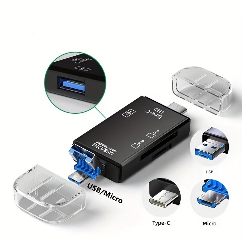 Кардридер 6-в-1 OTG, SD/TF, Type-C, USB, черный