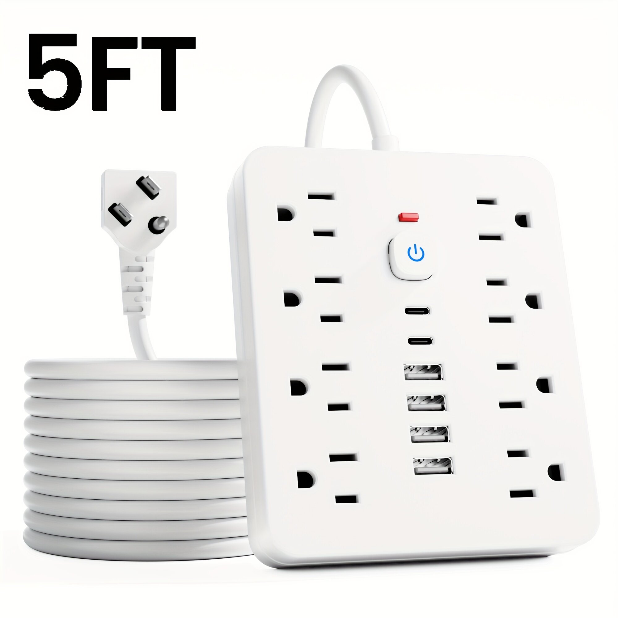 Настольная зарядная станция с 8 розетками и 6 USB-портами (2 USB-C), плоская вилка, кнопка включения, защита от перегрузки, белый цвет, кабель 5 футов, американская вилка 110-130V