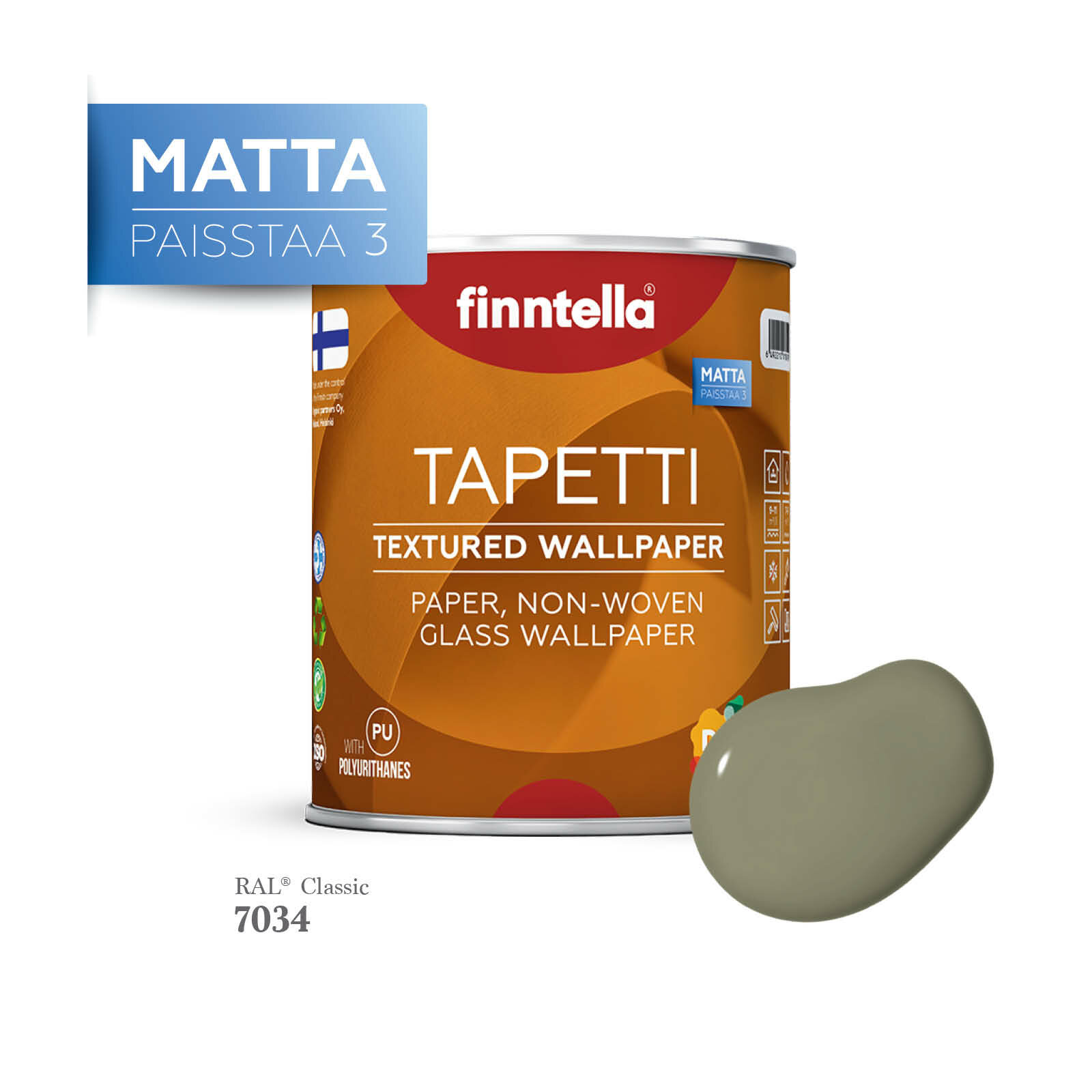 Матовая краска для обоев под окраску TAPETTI Matta FINNTELLA, Цвет RAL 7034 Желто-серый (Yellow grey), 0,9л