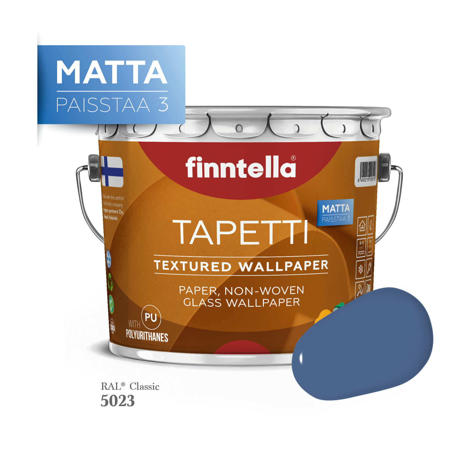 Матовая краска для обоев под окраску TAPETTI Matta FINNTELLA, Цвет RAL 5023 Отдаленно-синий (Distant blue), 2,7л