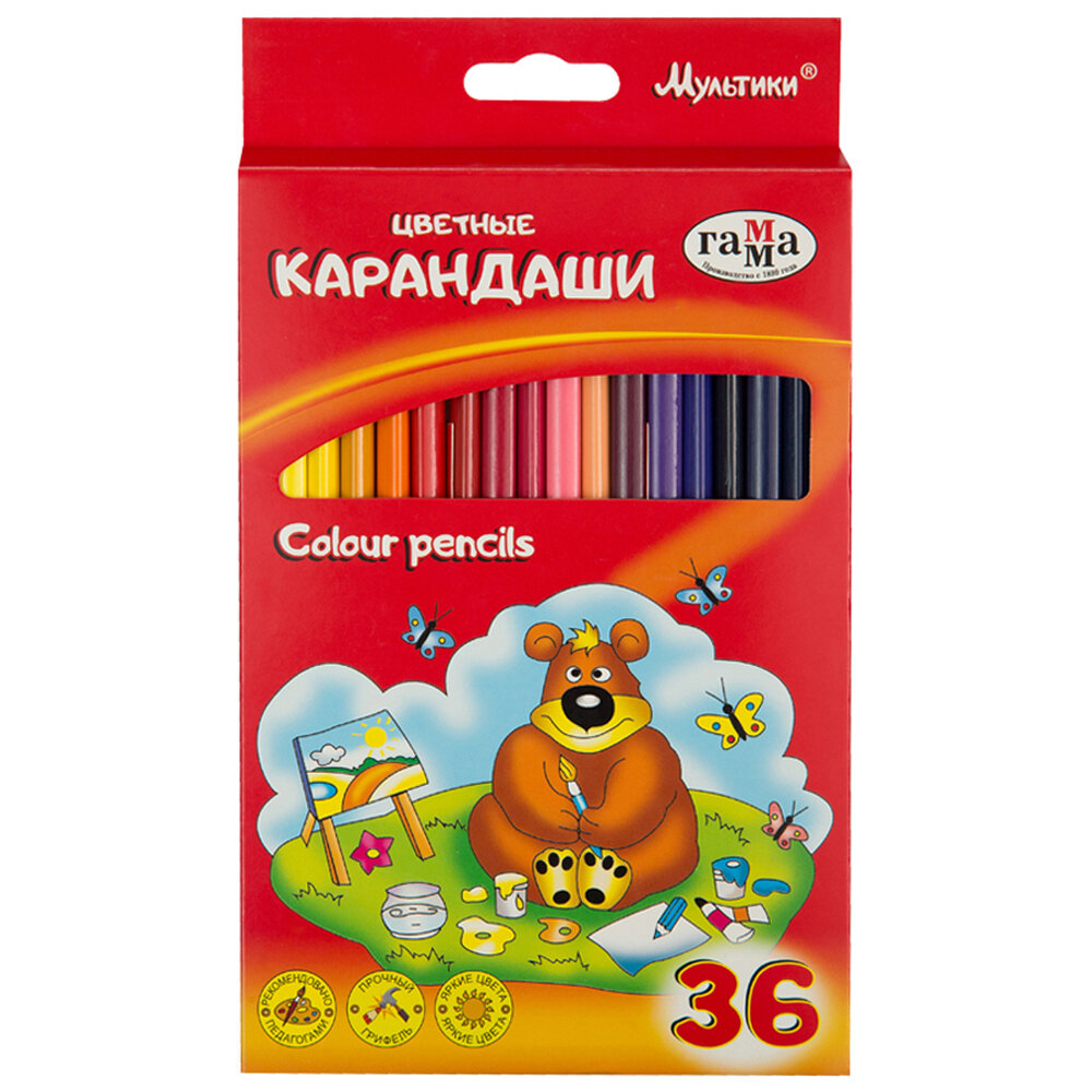 Набор цветных карандашей для рисования Гамма "Мультики", 36 цветов, трехгранные, заточен, картон. упаковка, европодвес