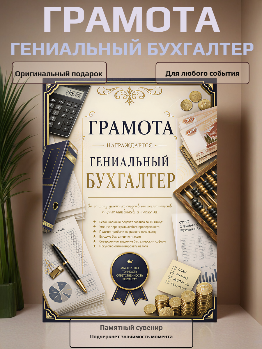 Грамота открытка для награждения "Гениальный бухгалтер", А4, в подарок