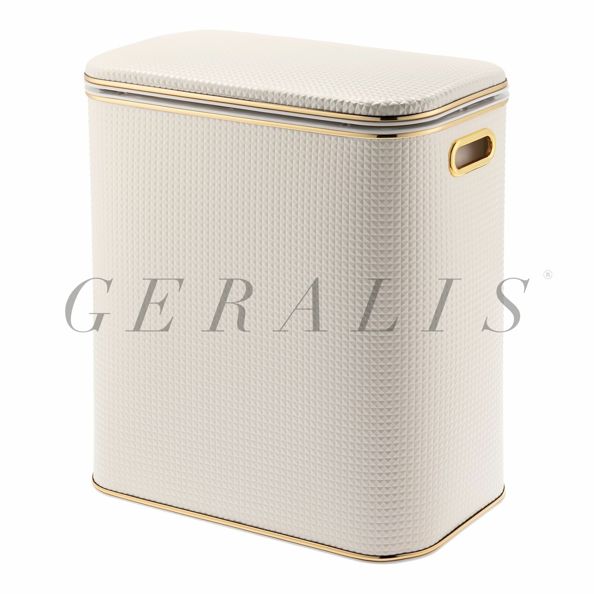 Корзина для белья малая Пирамиды белая экокожа, кант золото, Geralis, 50 л