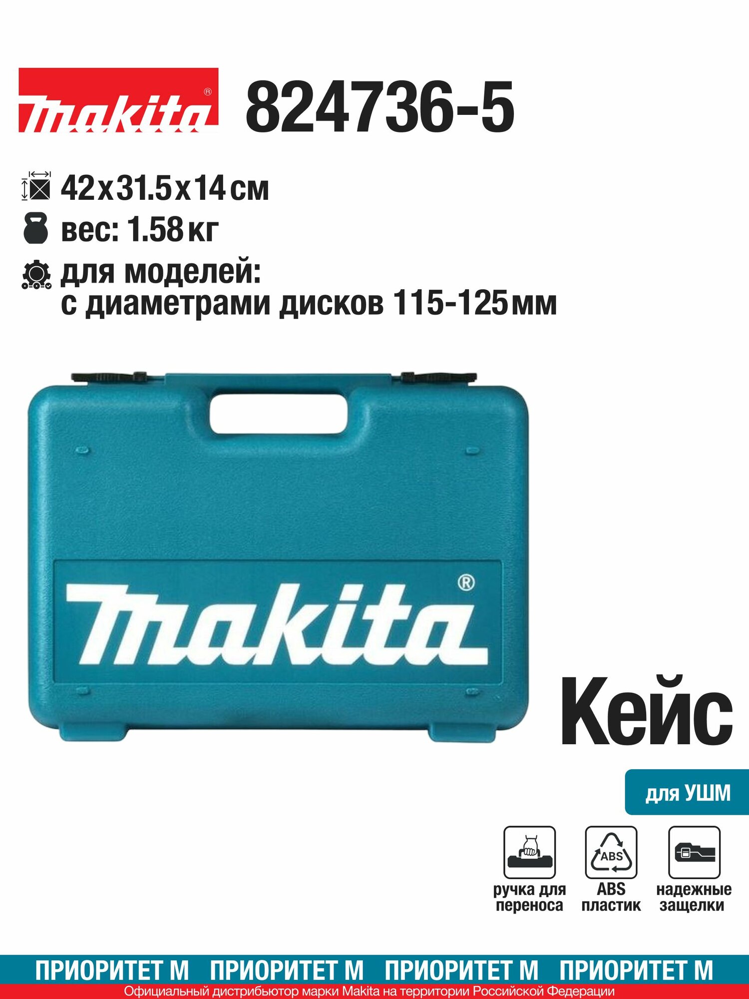 Кейс Makita 824736-5 для УШМ с диаметрами дисков 115-125мм, до 840 Вт