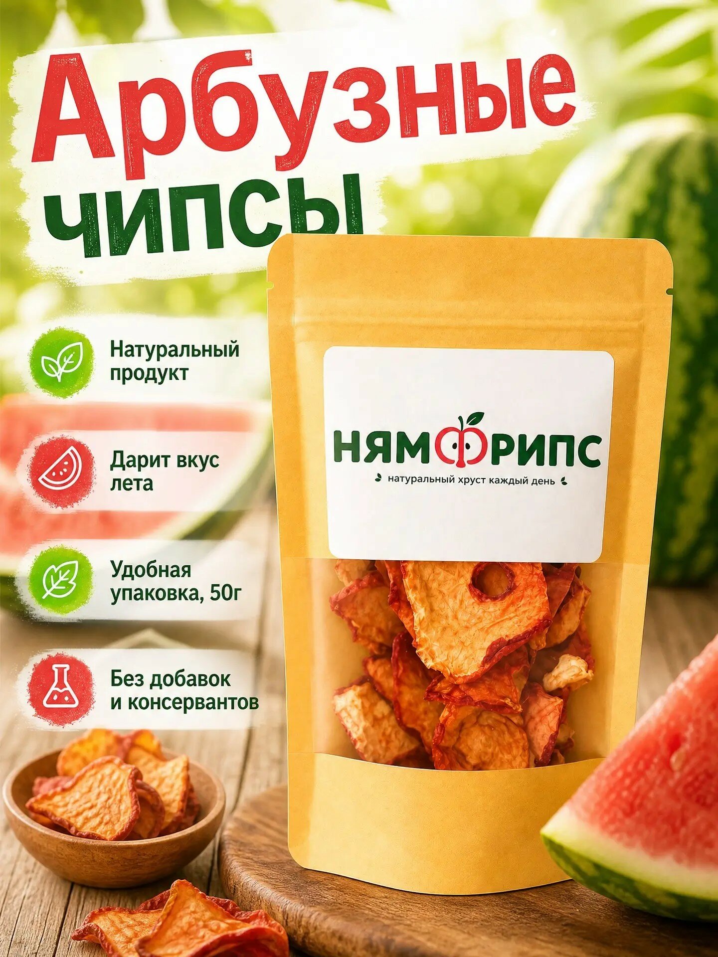 НямФрипс Арбузные чипсы натуральные без сахара, фруктовые чипсы сушёный арбуз, полезный перекус / 50г
