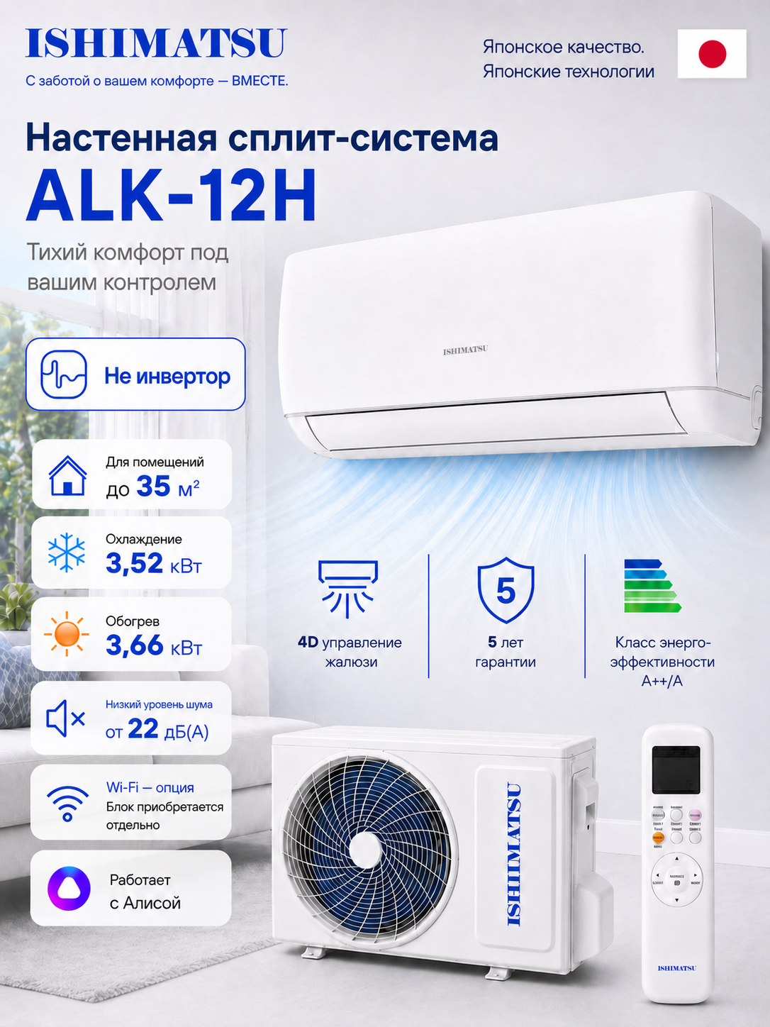 Кондиционер сплит-система ISHIMATSU ALK-12H Akasi On/Off Wi-Fi подготовка до 35 м², охлаждение и обогрев, тихий, Алиса