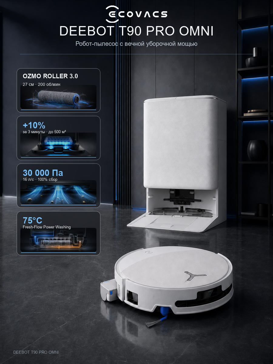 Робот-пылесос ECOVACS T90 PRO (русская версия) (белый для дома) с навигацией dTOF, мгновенной суперзарядкой PowerBoost