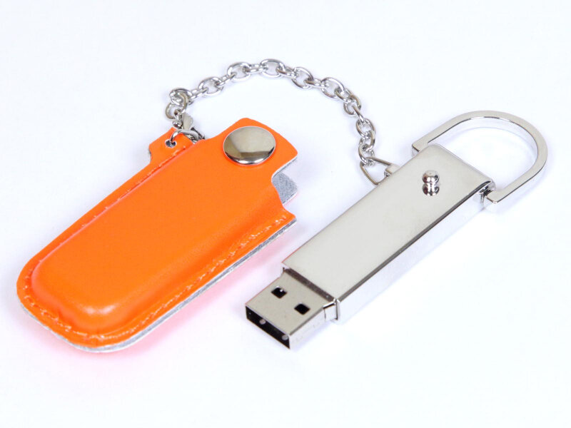 Массивная металлическая флешка с кожаным чехлом (4 Гб / GB USB 2.0 Оранжевый/Orange 214 Flash drive)