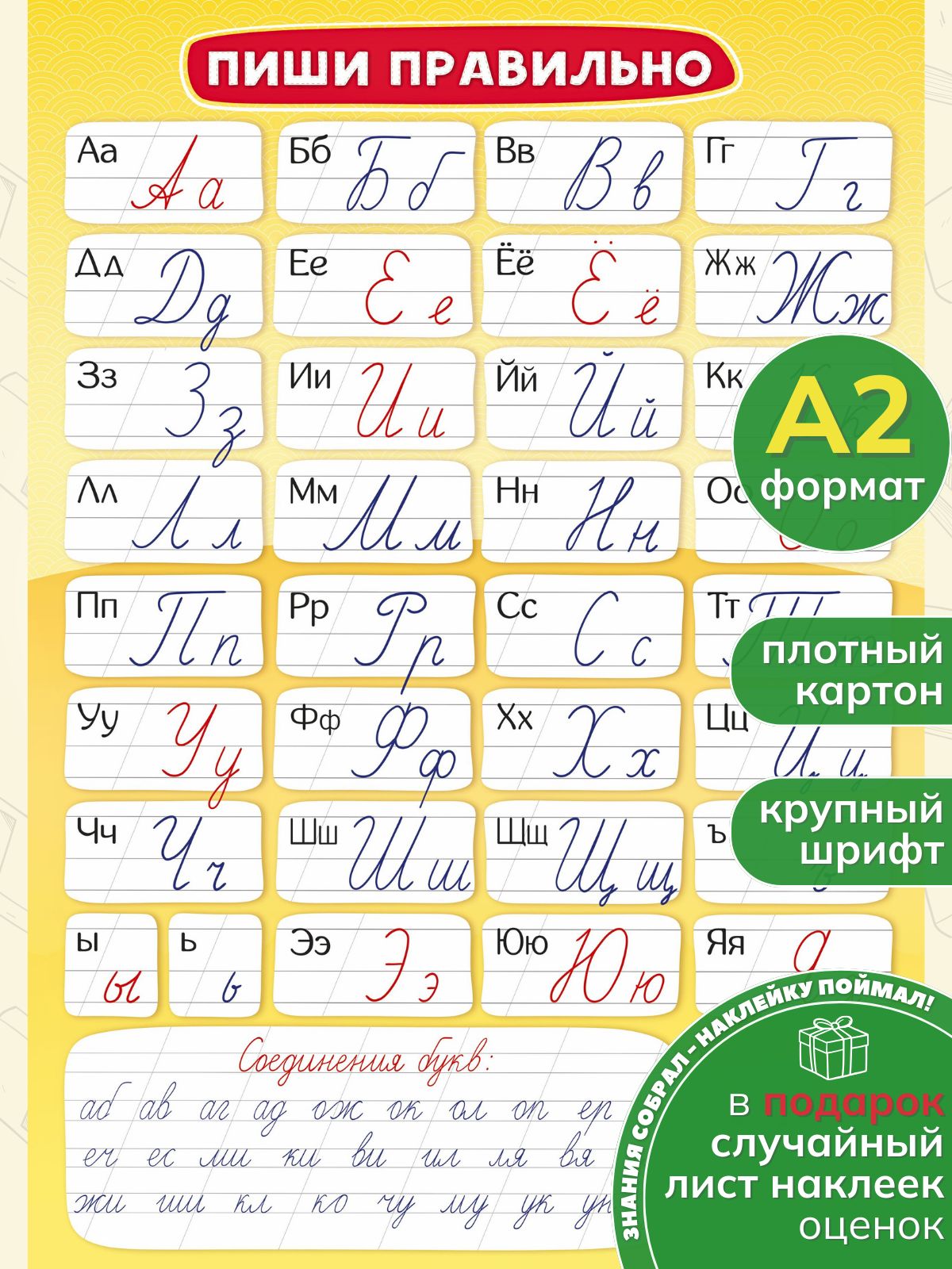 Обучающий плакат алфавит русский пиши правильно для детей на стену школьный