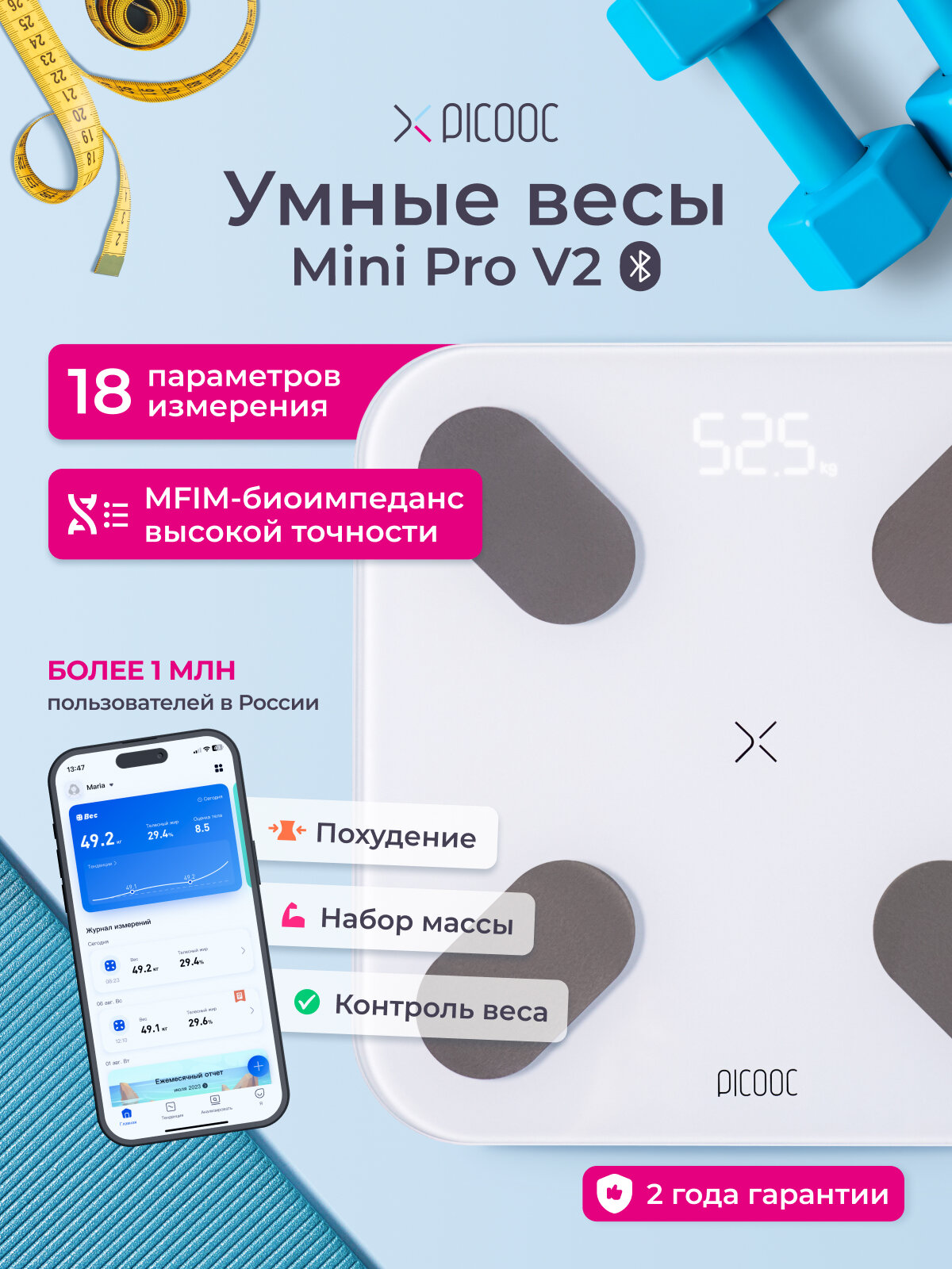 Умные напольные электронные весы Picooc Mini Pro V2 c Bluetooth до 150 кг