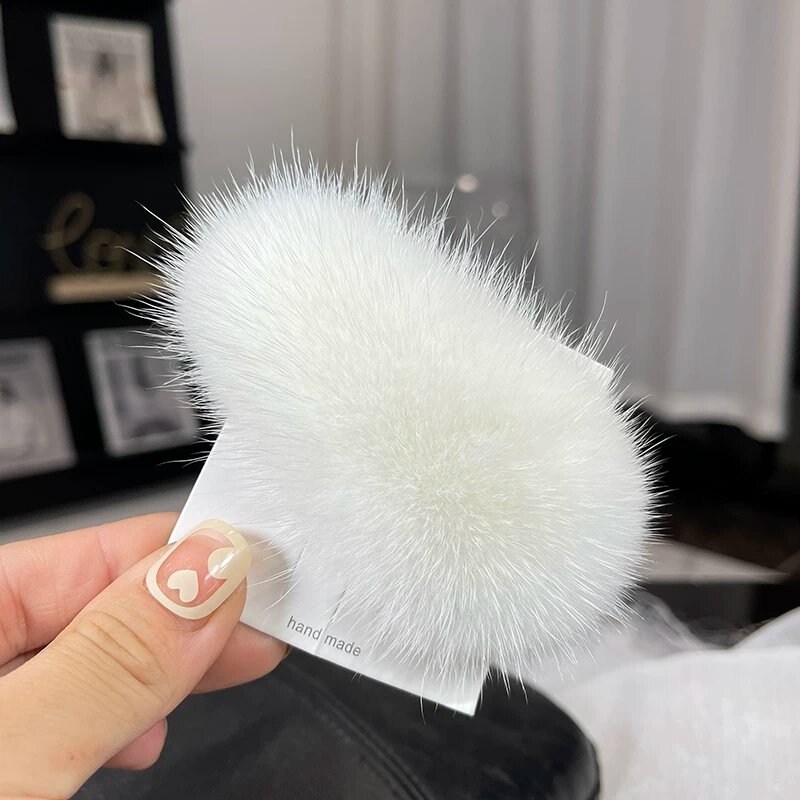 BB Korean Mink Fur Hair Clip in White - Simple Elegant Hair Accessory for Women