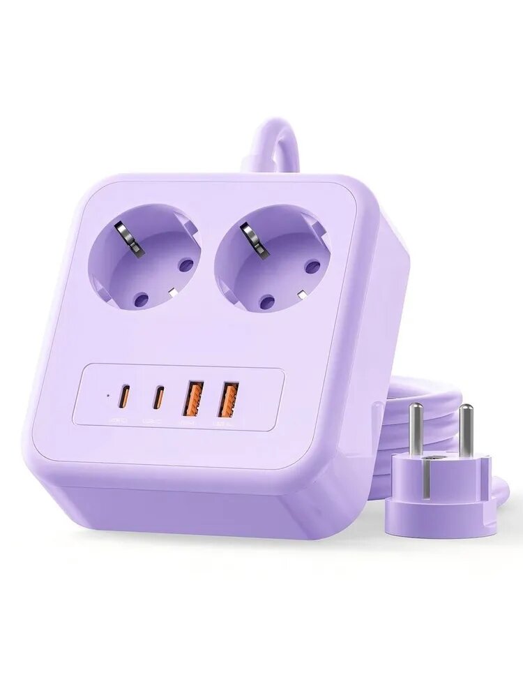 Сетевой фильтр-куб 6 в 1 с USB-C PD 20W, удлинитель с розетками и USB, кабель 3 м, настольная зарядная станция для дома и офиса, фиолетовый