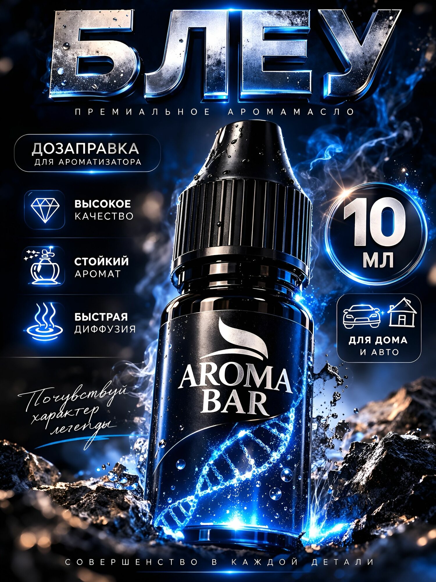 Аромамасло BLEU 10 мл для ароматизатора в машину, заправка автомобильного ароматизатора, парфюмерная жидкость для авто, масло для войлочного и стеклянного диффузора, AROMA BAR