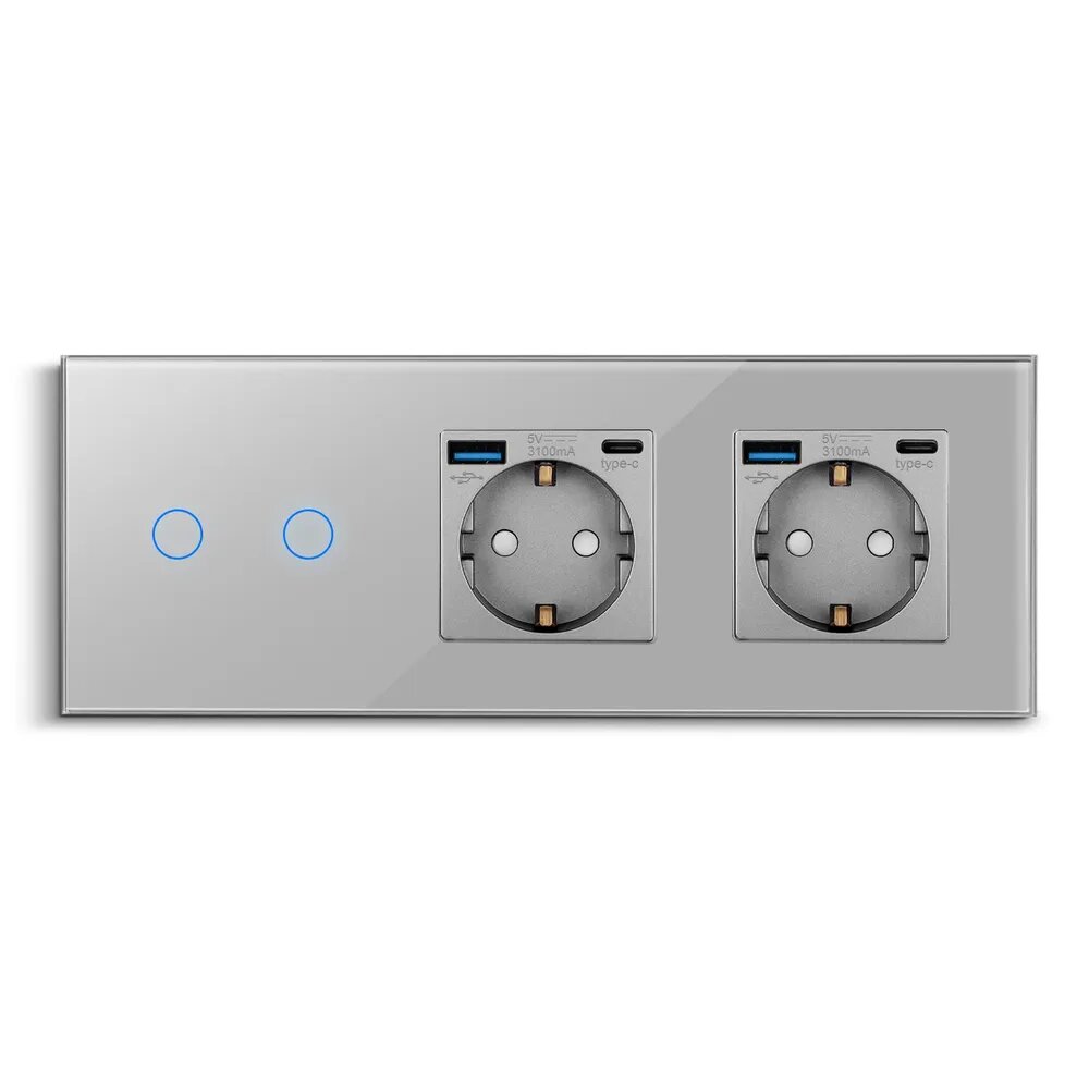 Сенсорный выключатель с двумя розетками с USB и type-C ,2 клавиша 2 розетки, панель стекло серый,228mm