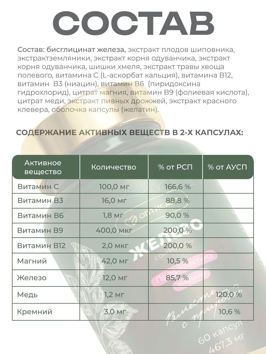 Железо бисглицинат 60 капсул для повышения гемоглобина при анемии, железодефиците, витамины С, В6, В9, В12, фолиевая кислота, магний, медь, без запора — фото 1