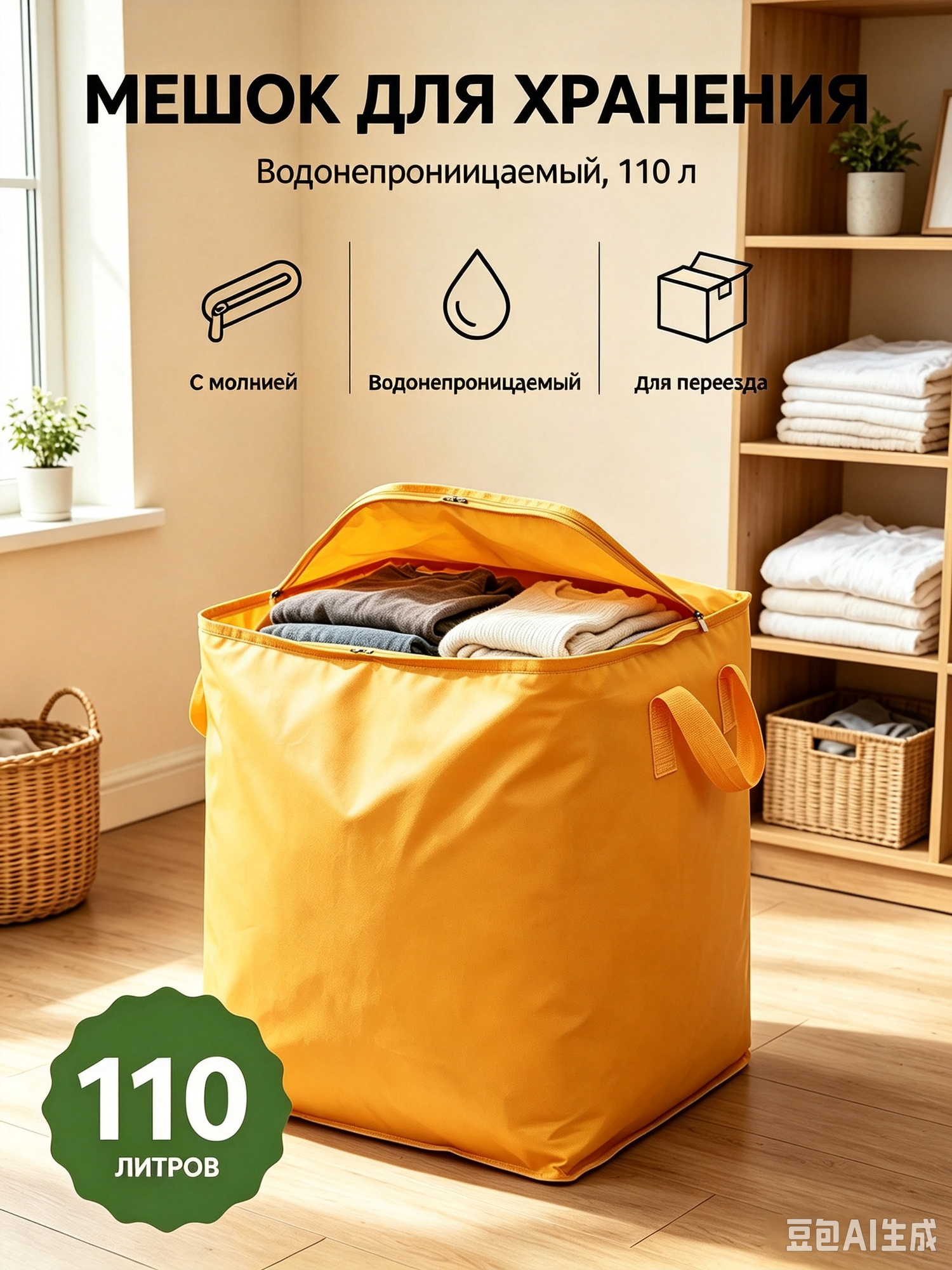 Мешок для хранения 110 л, водонепроницаемый, с молнией и ручками, для одежды, одеял и переезда