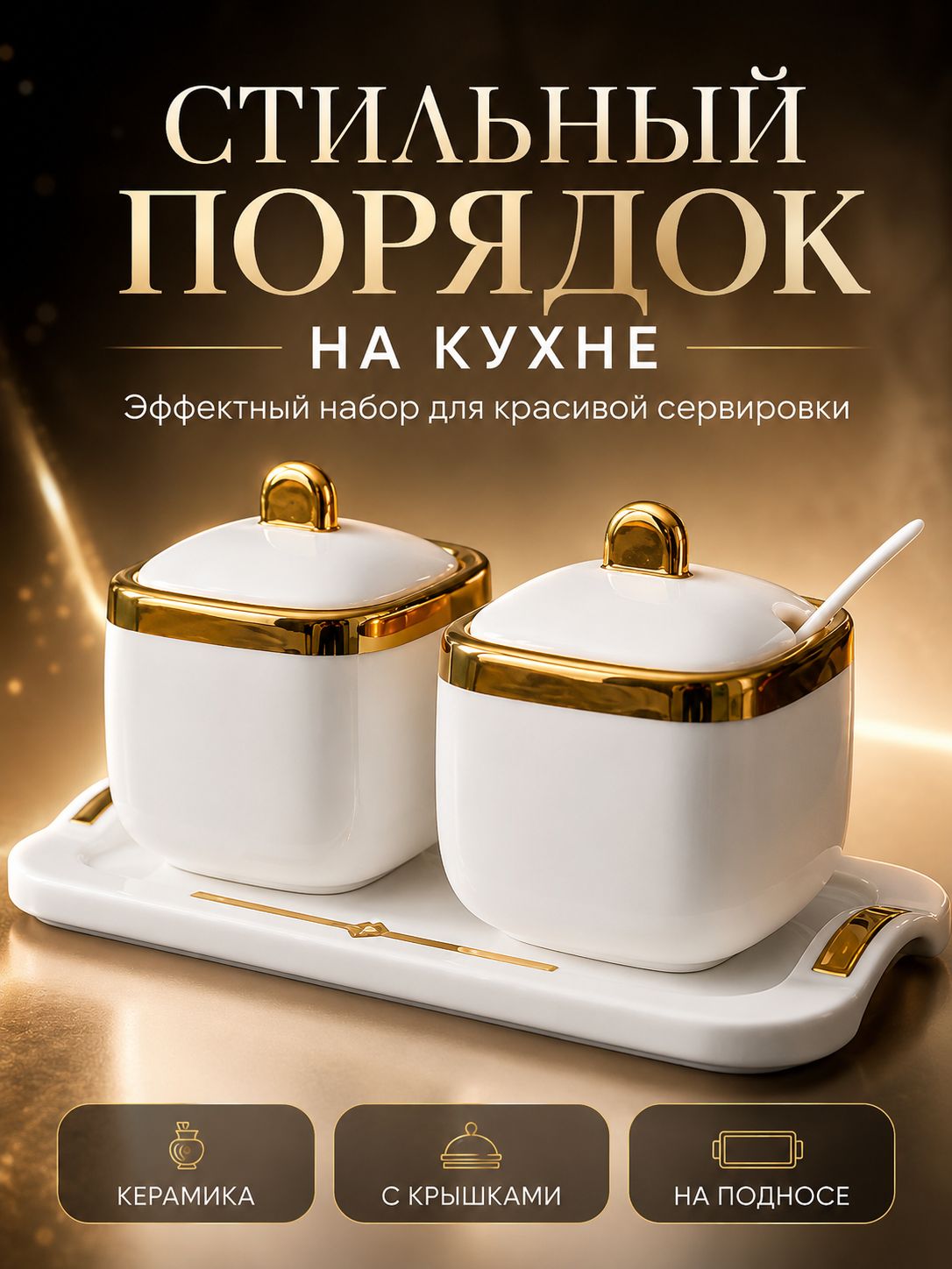 Набор сахарница и солонка на подставке с ложкой и крышкой 2 шт Conflate