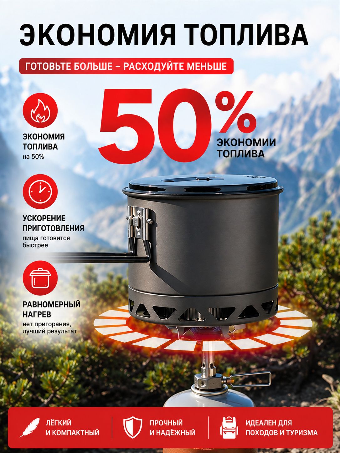 Походная кастрюля Alocs 1,4 л, туристическая с крышкой, складной ручкой, анодированный алюминий, 300 г