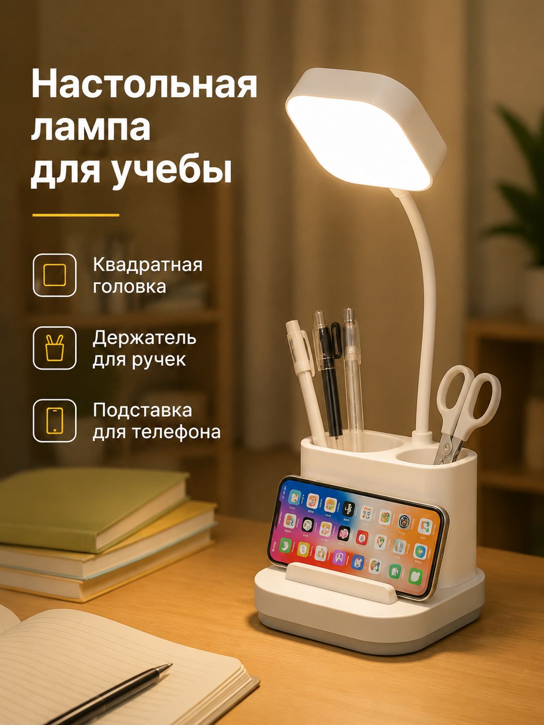 Настольная лампа для учебы с пеналом и держателем для телефона, квадратная, белая, питание от сети
