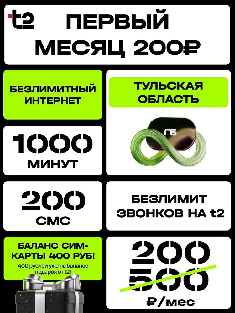 Сим карта с балансом 400 Тульская Область Безлимитный интернет t2 1000 минут 200 смс 500 руб в месяц