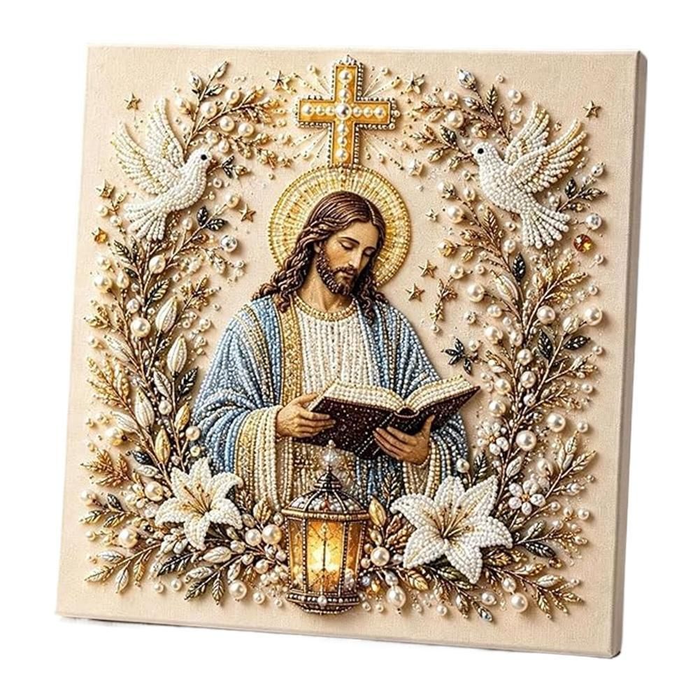 Faithful Home Decor Алмазная мозаика Иисус Христос с книгой , на тканевом холсте 30x30 см, с бусинами