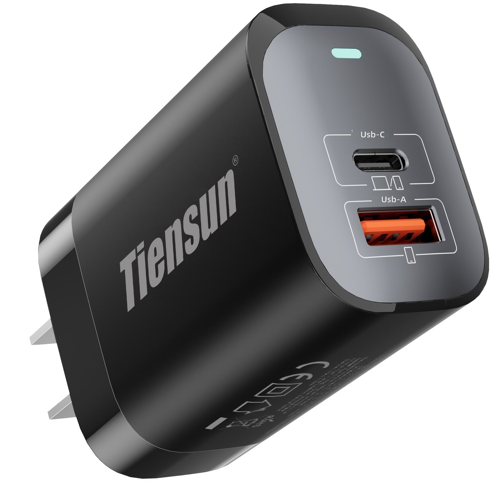 Компактное зарядное устройство 65 Вт с двумя портами USB-A и USB-Type C, технология GaN, поддержка PD 3.0 и QC 3.0, одновременная зарядка, черный