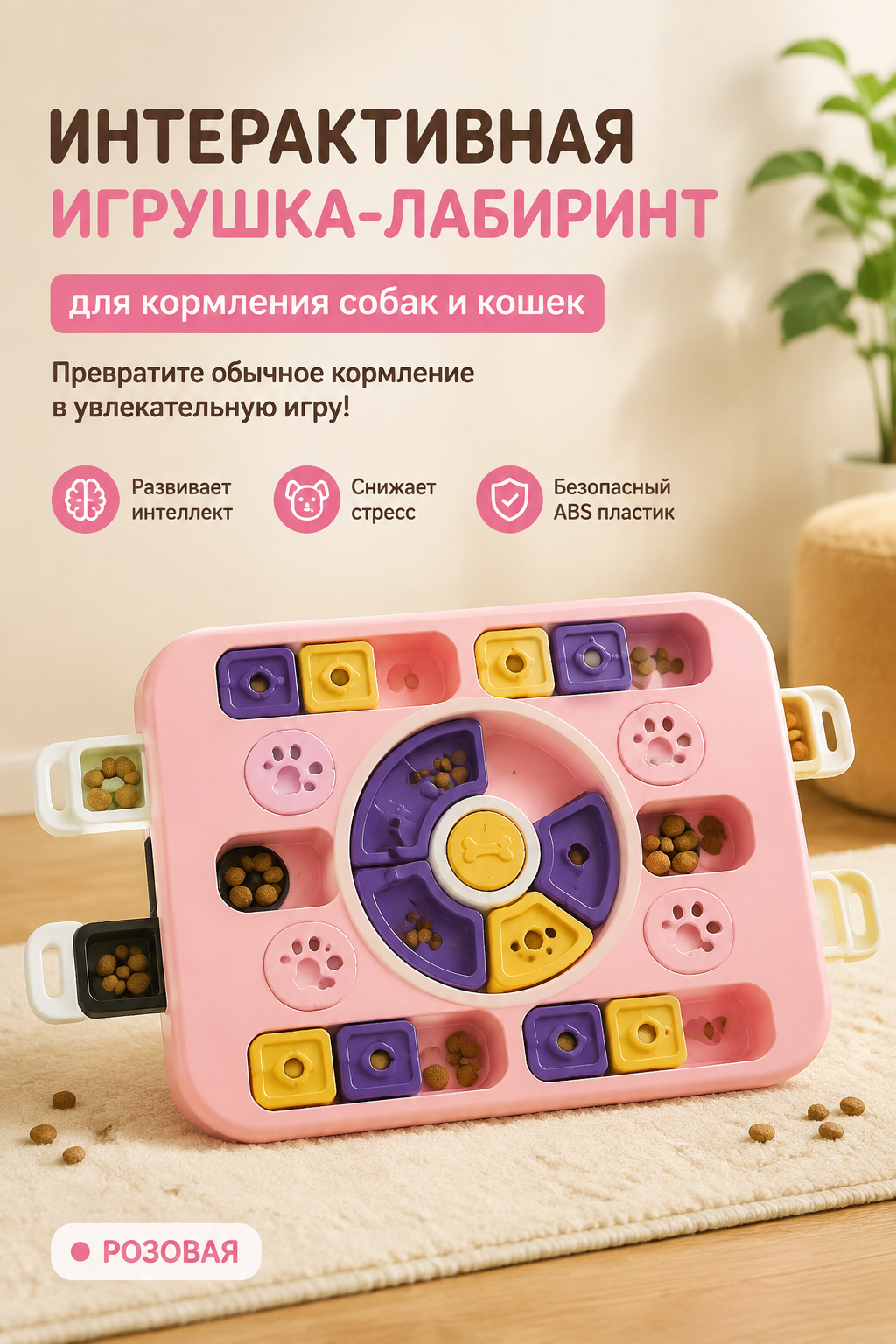 Интерактивная игрушка-лабиринт для кормления собак и кошек, розовая, разборная