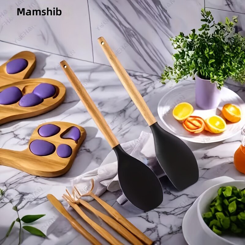 Силиконовая ложка-мешалка с деревянной ручкой, термостойкая, для антипригарной посуды, черный цвет, 2 шт.