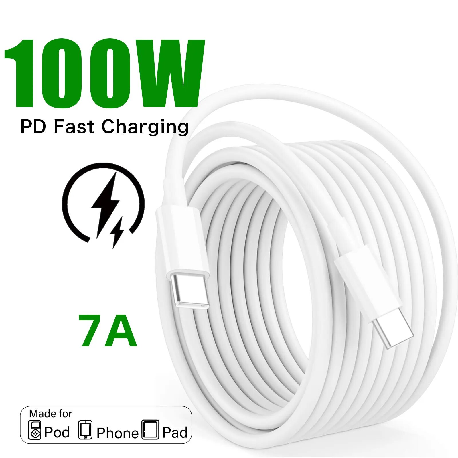 Новый кабель USB-C на USB-C 100W 7A для быстрой зарядки, совместимый с MacBook Pro, iPad Pro, 2m