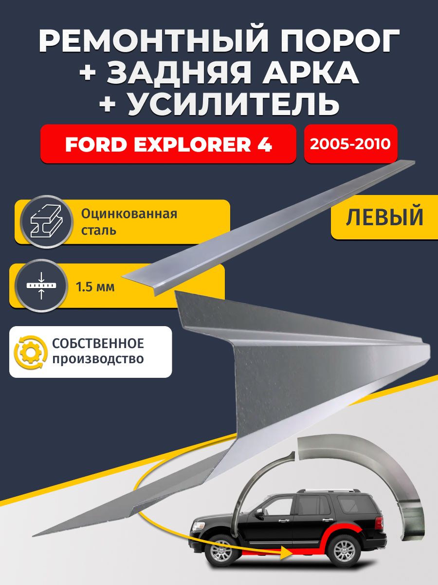 Левая ремонтная задняя арка (0,8 мм) и левый ремонтный стандартный порог (1.5 мм) + усилитель (1,5 мм) на Ford Explorer 4 2005-2010 (Форд Эксплорер 4). Материал оцинкованная сталь.