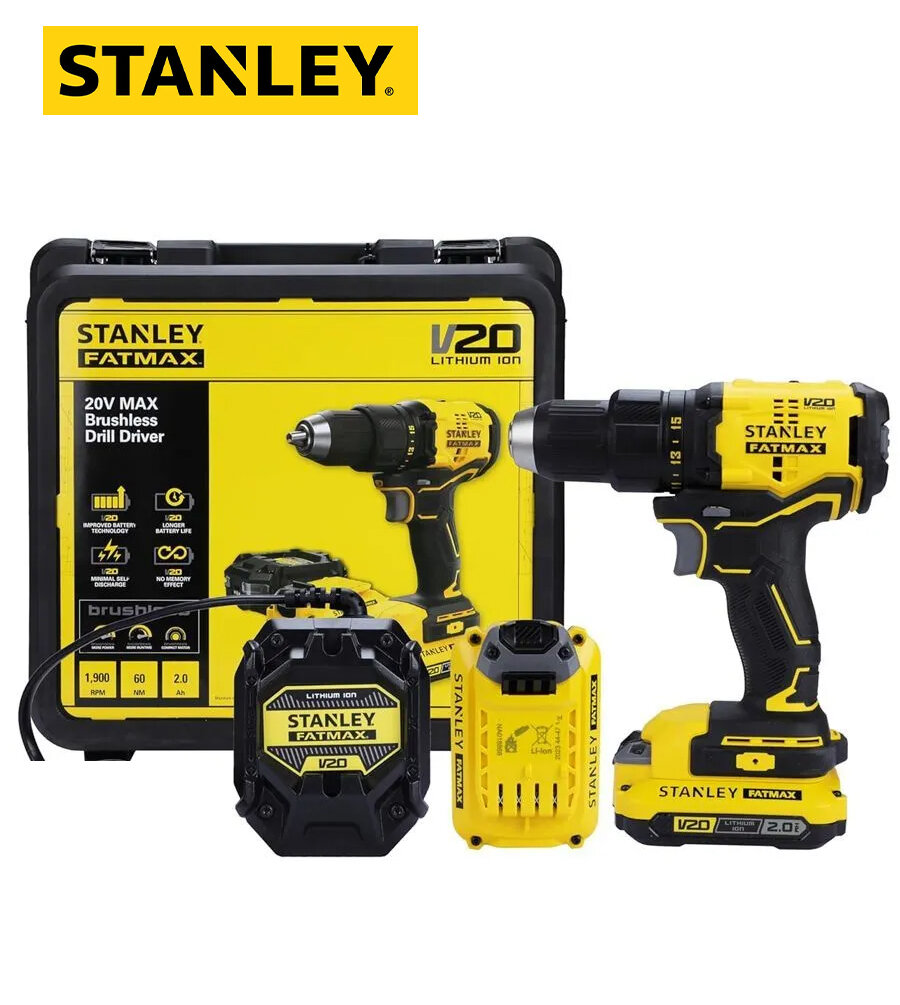 Аккумуляторный шуруповерт STANLEY 20 В с крутящим моментом 60 Нм, патроном 13 мм и двумя АКБ в комплекте