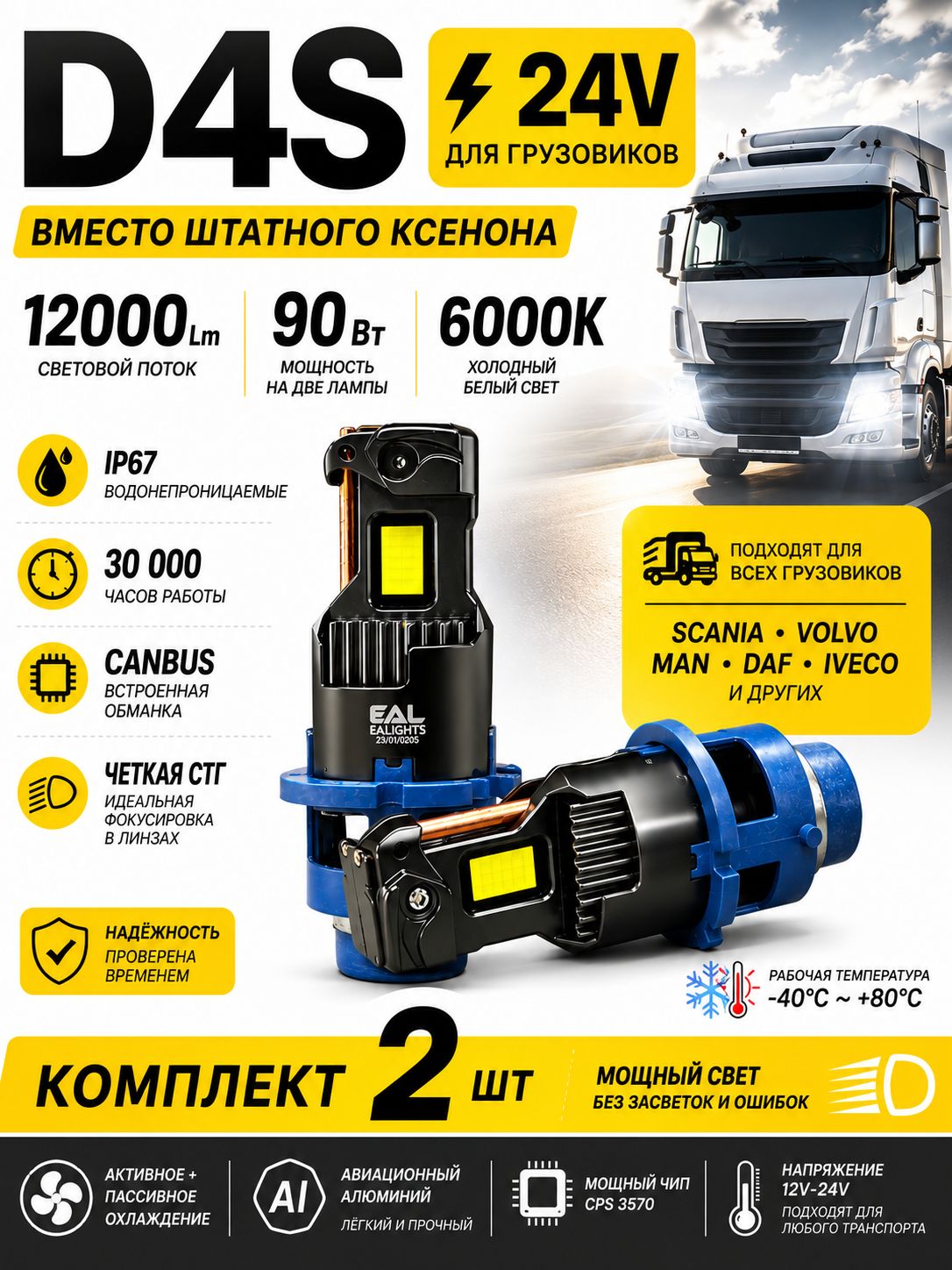Светодиодные Super Led лампы D4S 24V - 90Вт 12000Lm 6000K -Лед лампочки вместо штатного ксенона