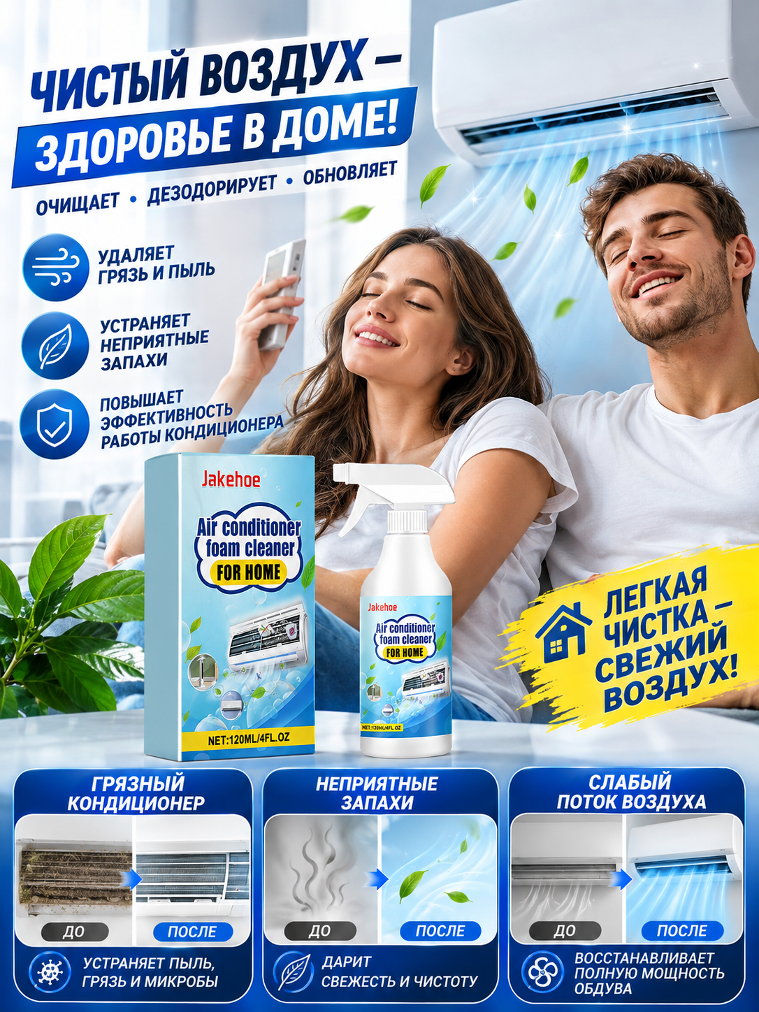 Пенный очиститель кондиционера Jakehoe — без разборки, удаление пыли, грязи и запаха, для дома